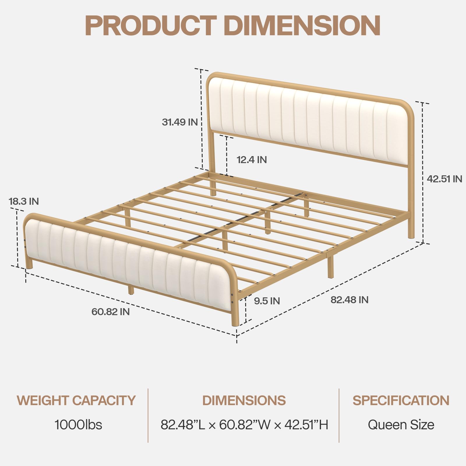 DOGIBIXO Queen Bed Frame with LED Lights, Upholstered Velvet Platform Bed Frame with Tufted Headboard and Footboard, Gold Metal Slats Support, Noise-Free, Easy Assembly, No Box Spring Needed, Beige