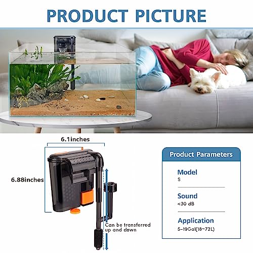 hygger Hang On Aquarium Filter, 100GPH Rotatable Surface Oil Skimmer, Quiet Power Fish Tank Filter with Adjustable Water Flow Retractable Water Inlet Tube for Freshwater Saltwater Tank Filter (S/M)