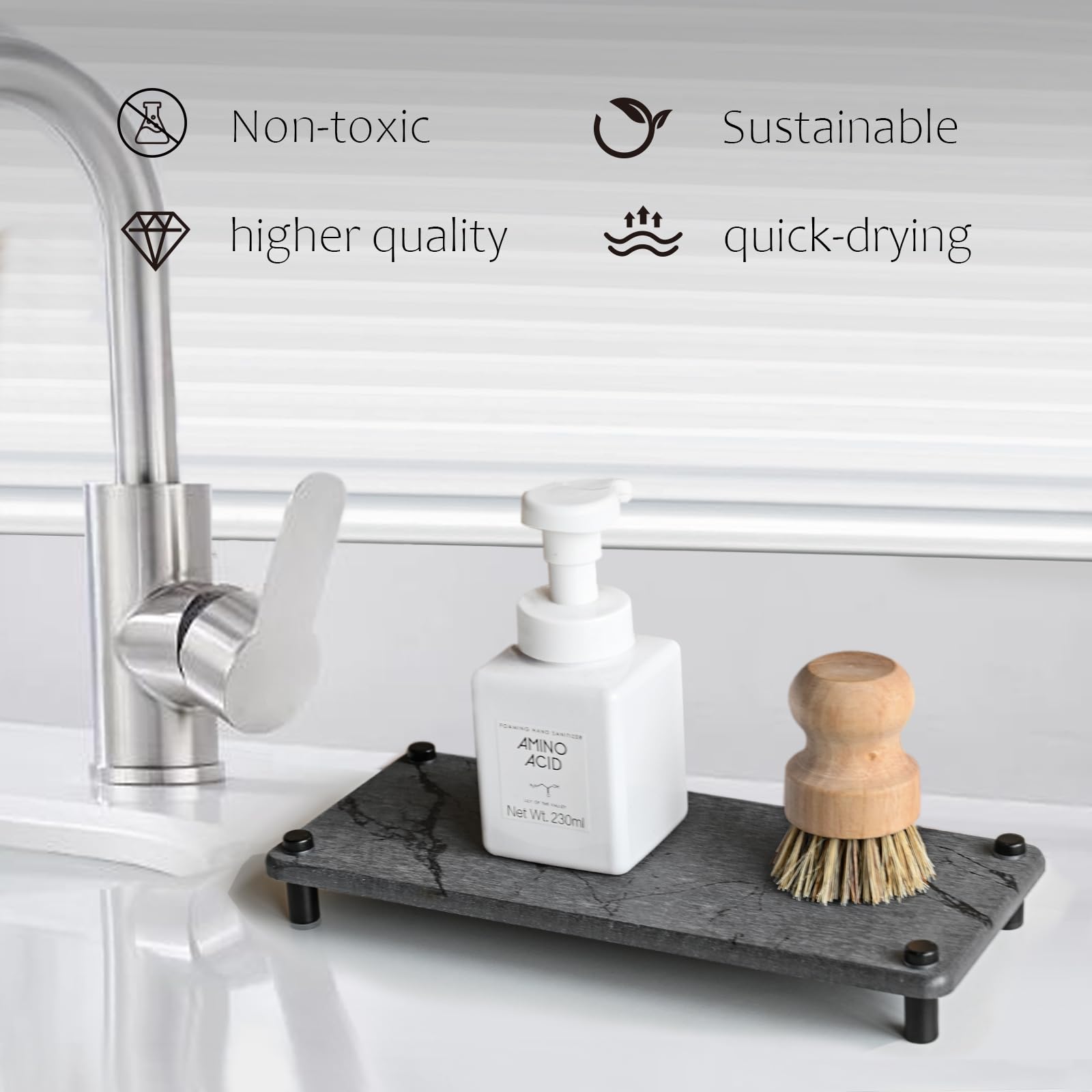 Drying Stone for Kitchen Counter, Water Absorbing Stone Sink Organizer for Bathroom Diatomaceous Earth Stone Drying Tray Instant Dry Sink Caddy Soap Dispenser Sponge Holder