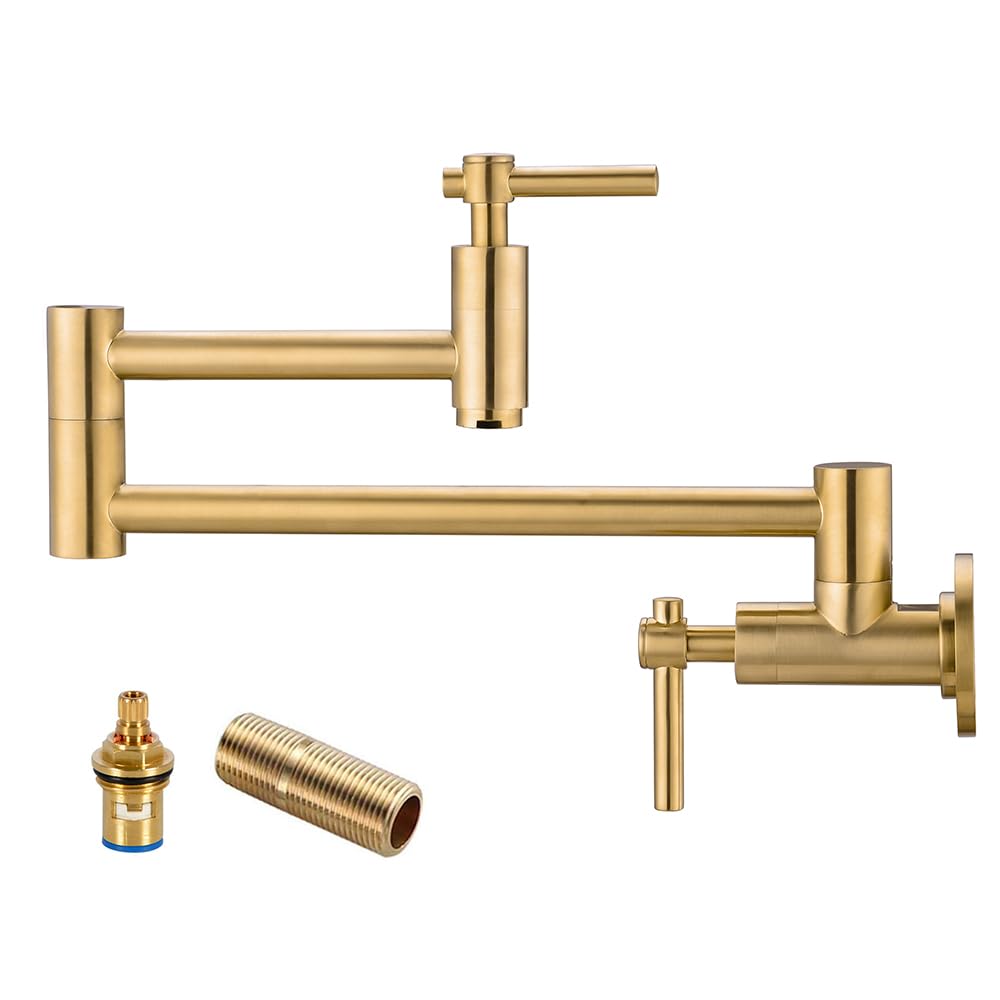 BZOOSIU Brushed Gold Pot Filler Faucet, Solid Brass Double Joint Swing Arms Folding Faucet, Single Hole Two Handles Wall Mount Kitchen Faucet