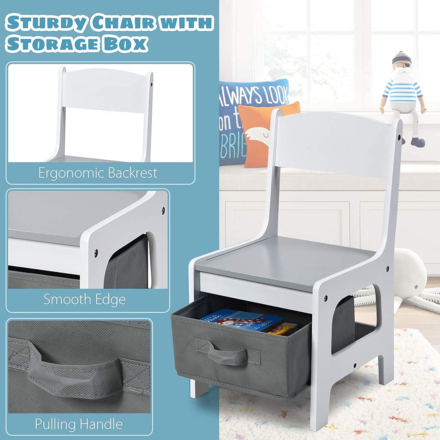 Fireflowery, 3-in-1 Wooden Activity w/Storage Drawer & Detachable Blackboard, 3-Piece Square Children Art Desk, Toddler Table&Chairs Kids Table and Chair Set, Large, Grey