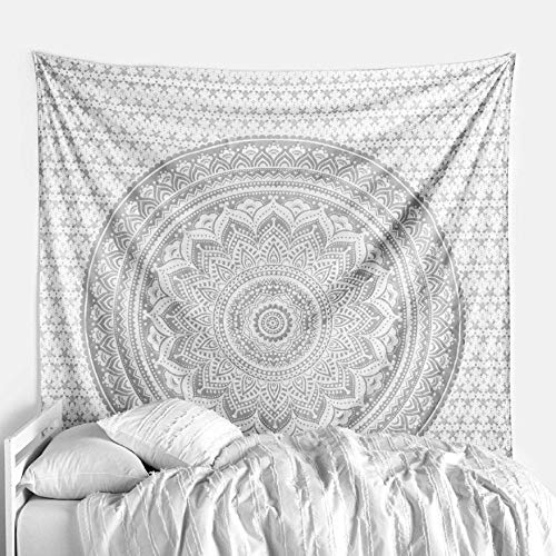 raajsee Glittering Silver Grey Tapestry Wall Hanging Mandala-Bohemian Room Decor-Indian Cotton Throw Hippie Tapestries -Queen Bedspread 82x92 inches