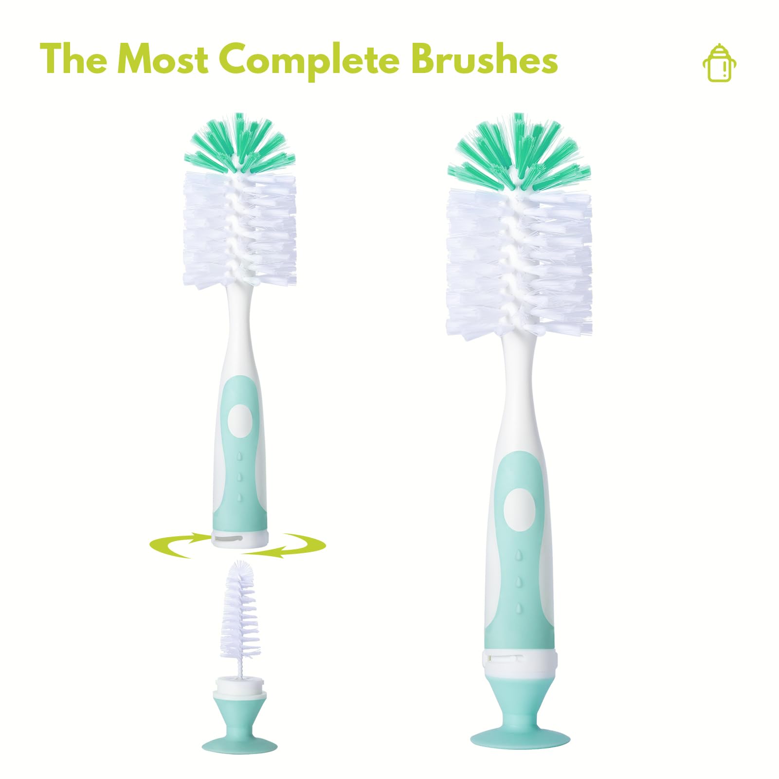 CAREBABYMORE 2 Pack Baby Bottle Brush with 4 Pack Straw Brushes, 10.2" Nylon Brushe with Nipple Cleaner and Stand Suction Cup, Green