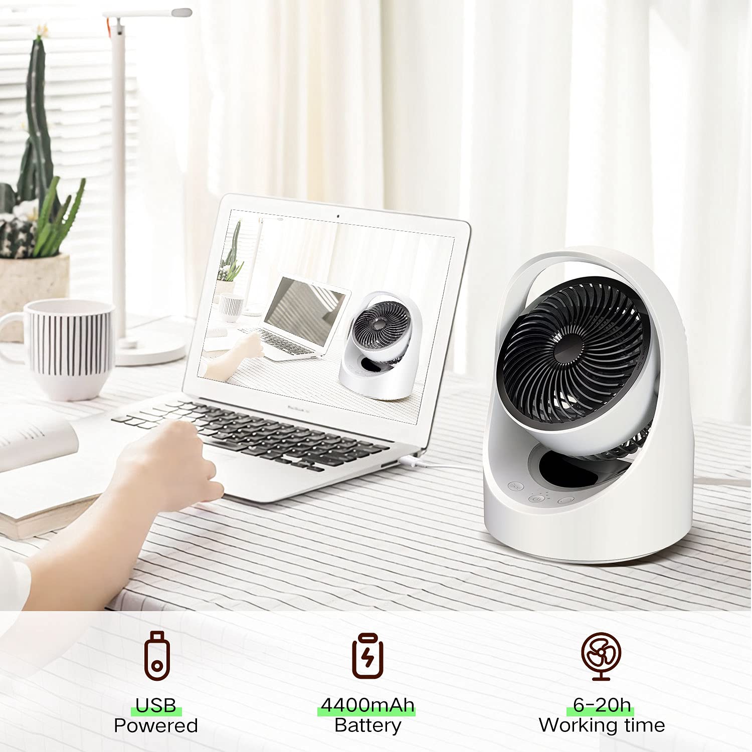 NewGod Rechargeable Air Circulator Fan Small Oscillating Desk Fan with LED Light 4 Wind Speeds USB Powered Cordless Quiet Table Fans for Bedroom Office Home(4400mAh) White1