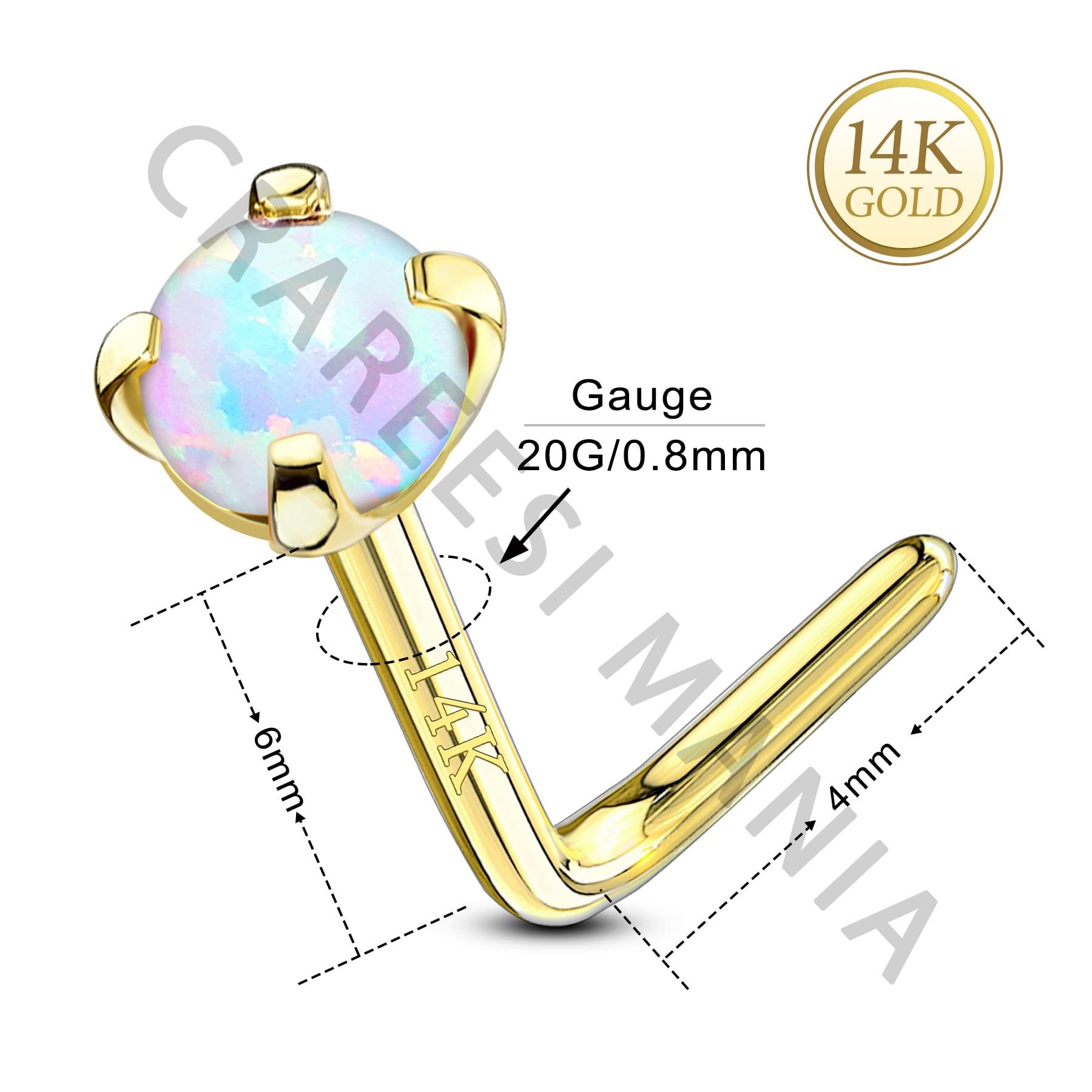 CM Crareesi Mania 14K Gold Nose Ring Solid Yellow Gold Opal Nose Piercing Jewelry 20G L-Shaped Nose Ring Studs Clear CZ Nose Rings Studs