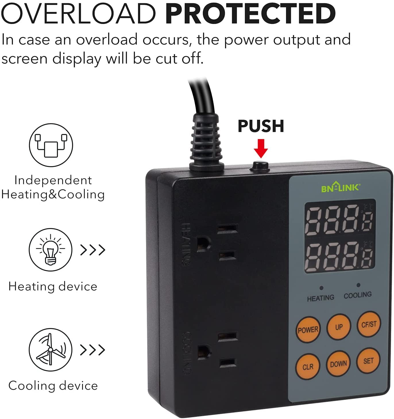 BN-LINK Digital Temperature Controller Heating Cooling 2-Stage Outlet Thermostat Controller Plug for Reptiles Aquarium Carboy Homebrew Breeding Fermenter Seed Germination °C/°F -40-176°F 15A/1875W