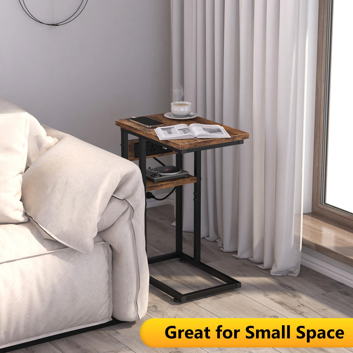 C Shaped End Table with Charging Station, 2 Tier Sturdy C Shaped Side Table Bedside Tables with Metal Frame for Living Room Bedroom, C Shaped Sofa Couch Table Snack Table Coffee Table, Rustic Brown