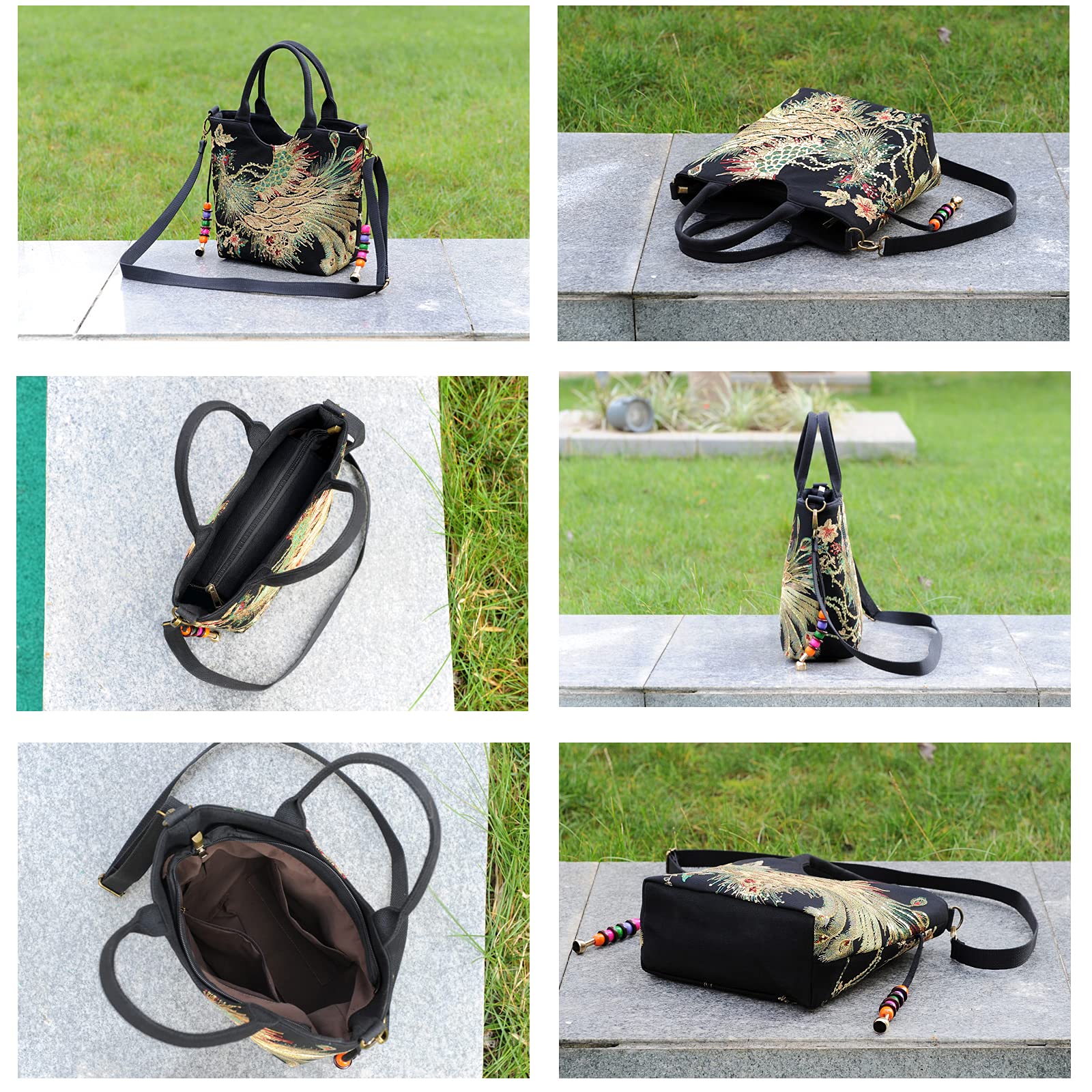 Women Vintage Sequins Peacock Handbag - Ethnic Embroidery with Pendants (black)