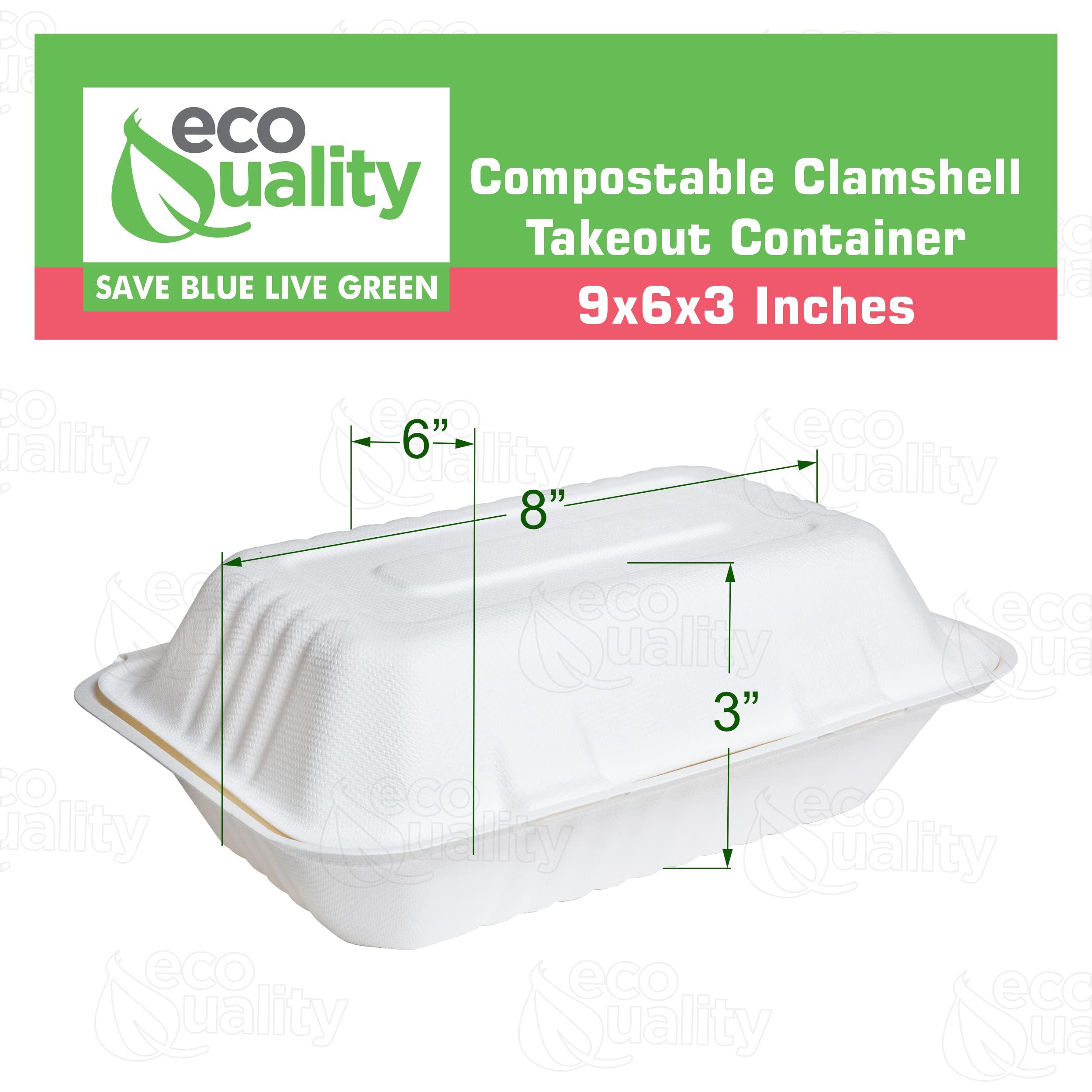 Compostable Rectangular Hinged Clamshell Take Out Food Containers 9x6x3,Heavy Duty Quality Disposable to go Containers, Single Compartment Eco-Friendly Takeout Box, Restaurants, Food Trucks (250)