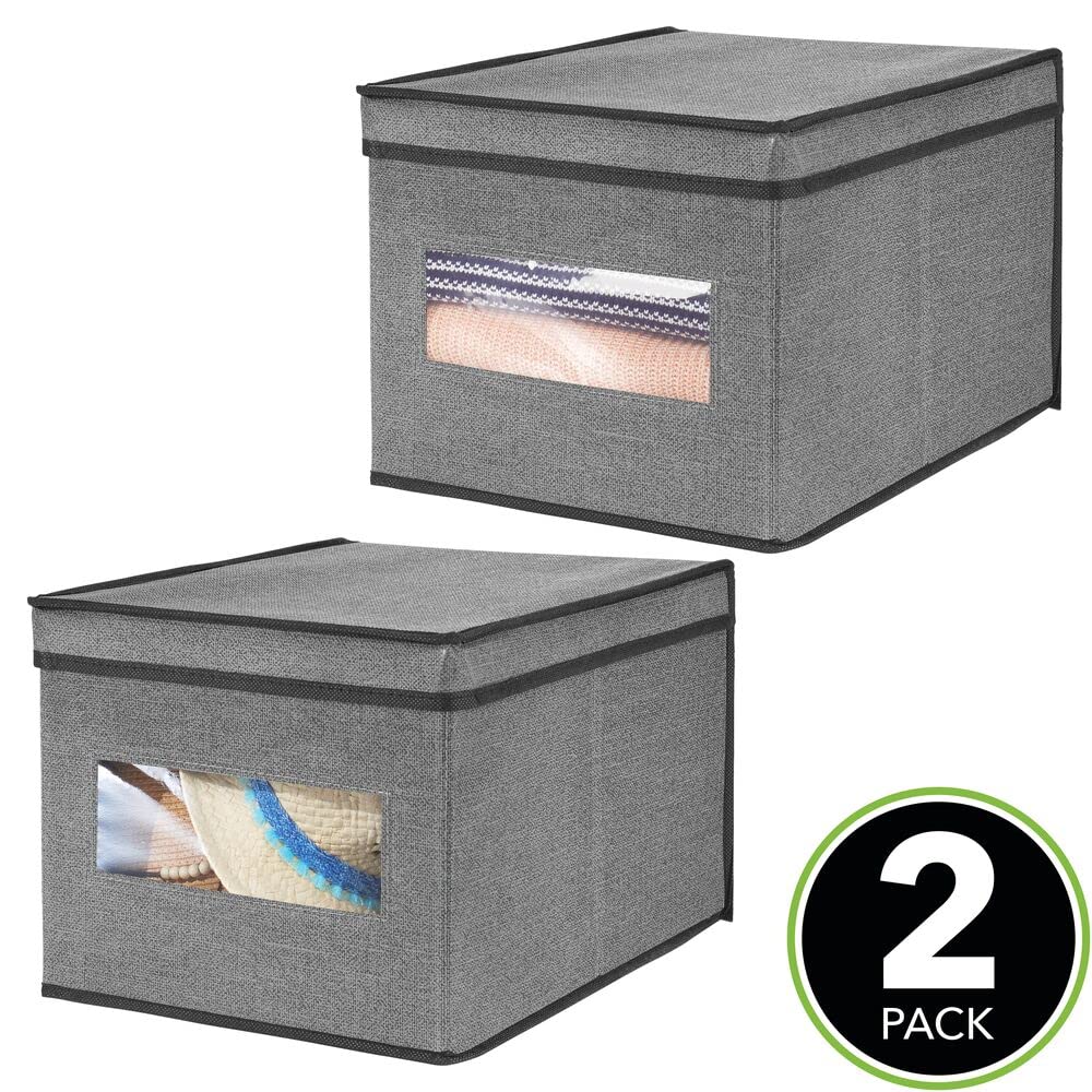 mDesign Large Fabric Stackable Closet Organizer Box with Clear Window/Lid for Bedroom, Office, Bathroom, Mudroom Organization - Shoe, Sweater, Clothes Storage, Lido Collection, 2 Pack, Dark Gray/Black
