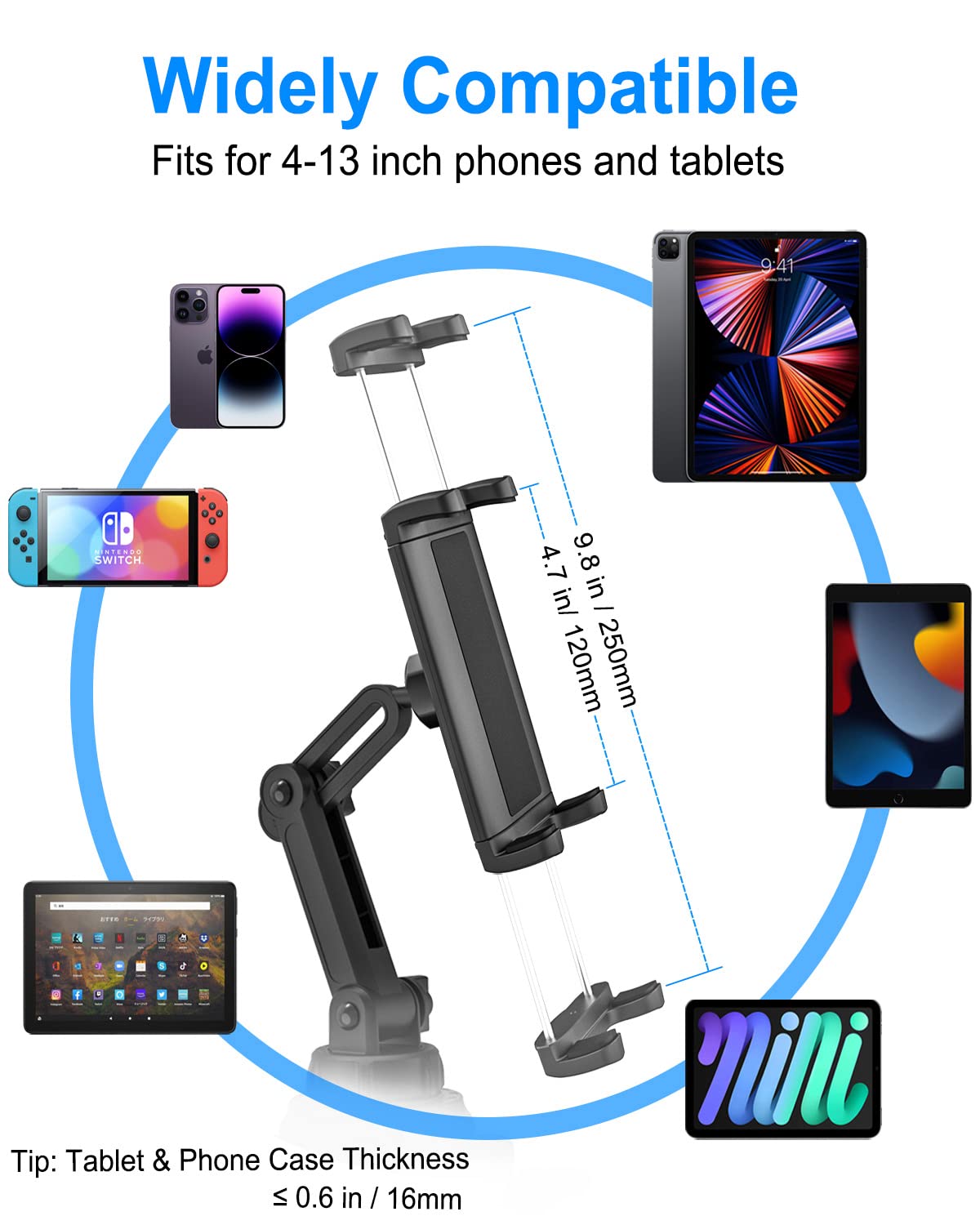 Car Cup Holder Tablet Mount for iPad, Multi-Angle Adjustable Truck Cup Mount Tablet Holder, Sturdy Vehicle Cup Stand Phone Cradle for iPad 12.9 Pro Air Mini, Galaxy Tabs, iPhone, 4-13" Tablets