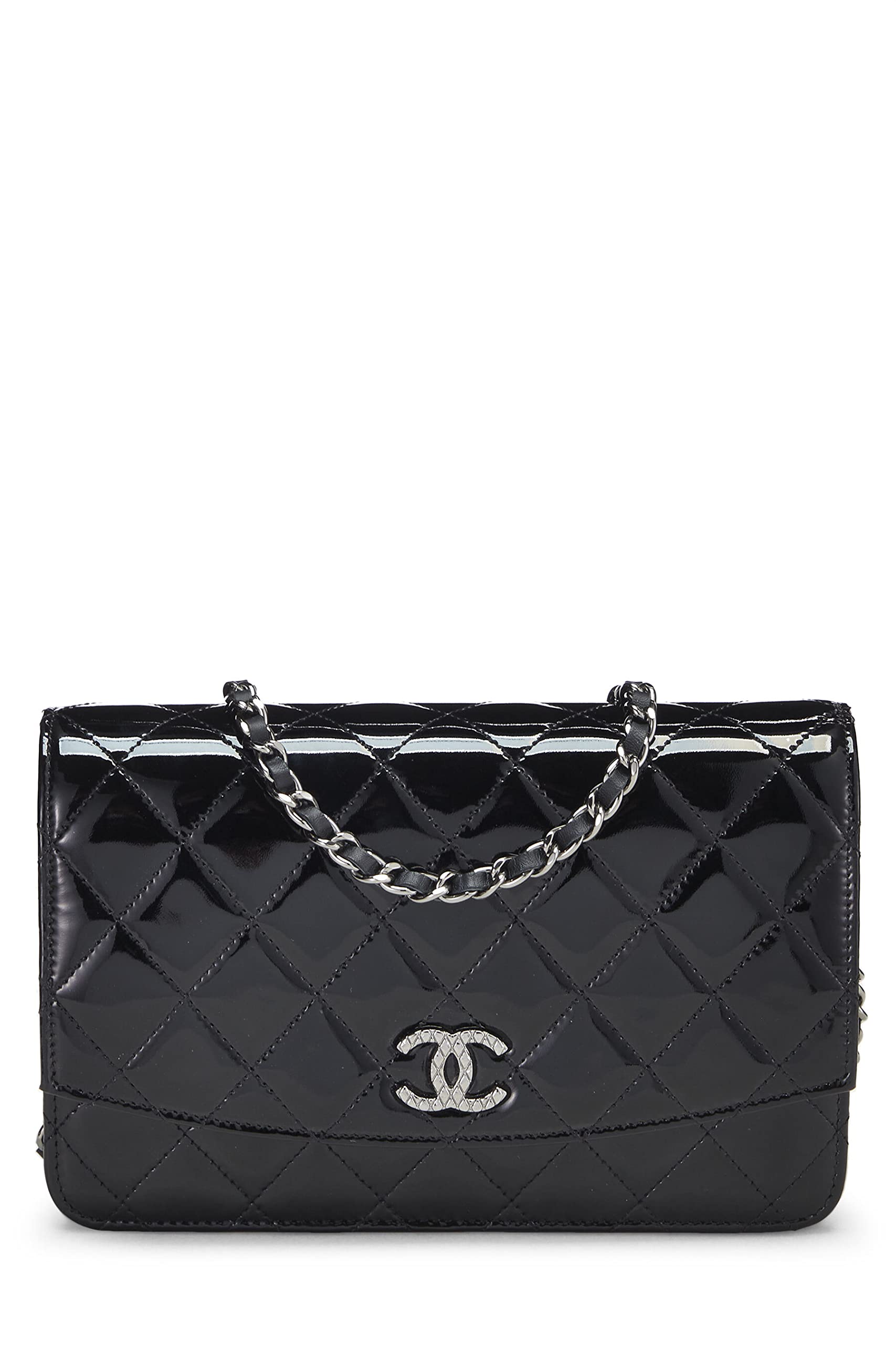 Chanel, Pre-Loved Black Quilted Patent Leather Brilliant Wallet on Chain (WOC), Black