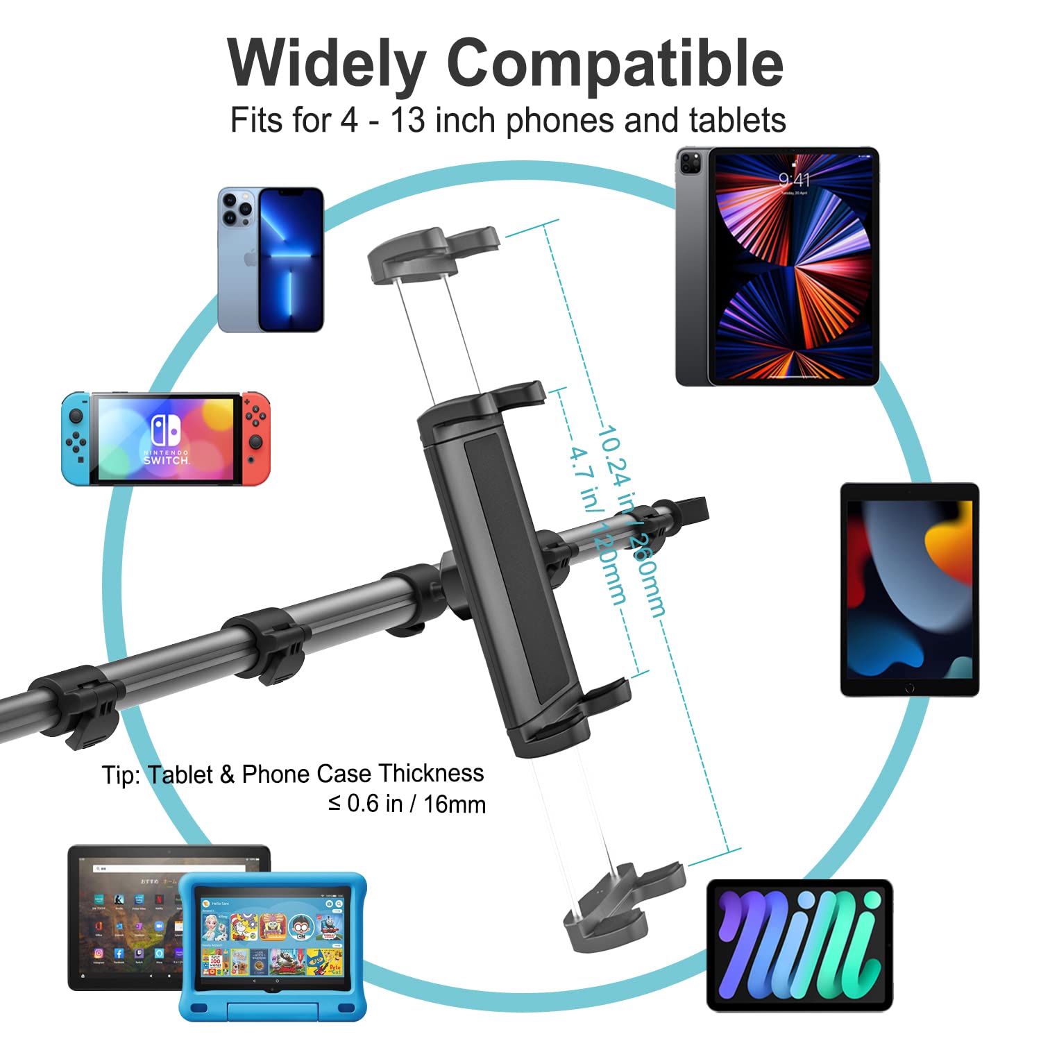 Car Headrest Tablet Mount, 32.67 inch Between Seat iPad Holder, Aozcu Back Seat Stretchable Long Arm Phone Stand, Backseat Mount for kids Fits iPad Pro 12.9 Air Mini, Galaxy Tabs, Switch,4-13" Devices