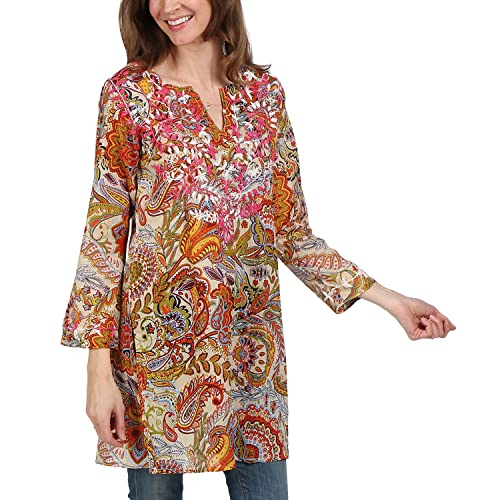 FLORIANA Womens Floral Embroidered Blouse - Long Tunic, Cute Tops for Women Pink, Small