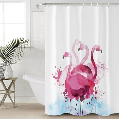 Boanket Polyester Fabric Pink Flamingo Shower Curtain, Watercolor Pink Blue Animals, Waterproof Bathtub Curtain Bathroom Decor Set with Hooks 36 x 72 Inches,