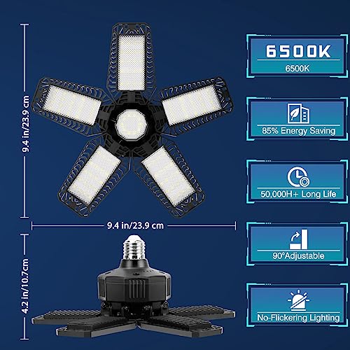 Garage Light - 2 Pack 160W 16500LM Bright LED Garage Light with 5+1 Transformable Panels, 6500k LED Garage Ceiling Lights Screw-In E26 E27 Bulb Socket Compatible Workshop Basement Storage Store