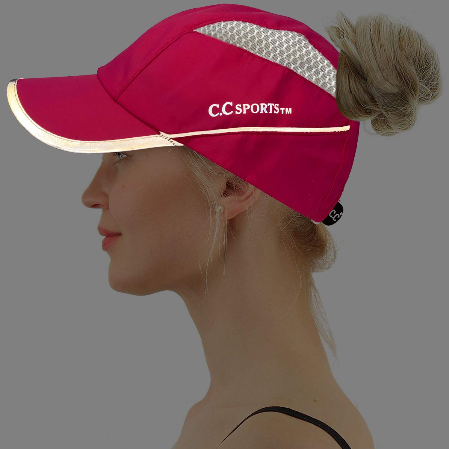 C.C Sports Active Ponytail Messy Buns Ponycaps Baseball Visor Cap Dad Hat (Hot Pink/White)