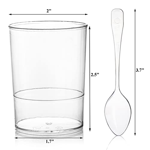 Okllen 100 Pack Mini Dessert Cups with Spoons, 3 Oz Round Shot Cups Plastic Dessert Shooters, Appetizer Parfait Cups Shot Glasses for Chocolate Desserts, Ice Cream, Puddings, Tasting Party