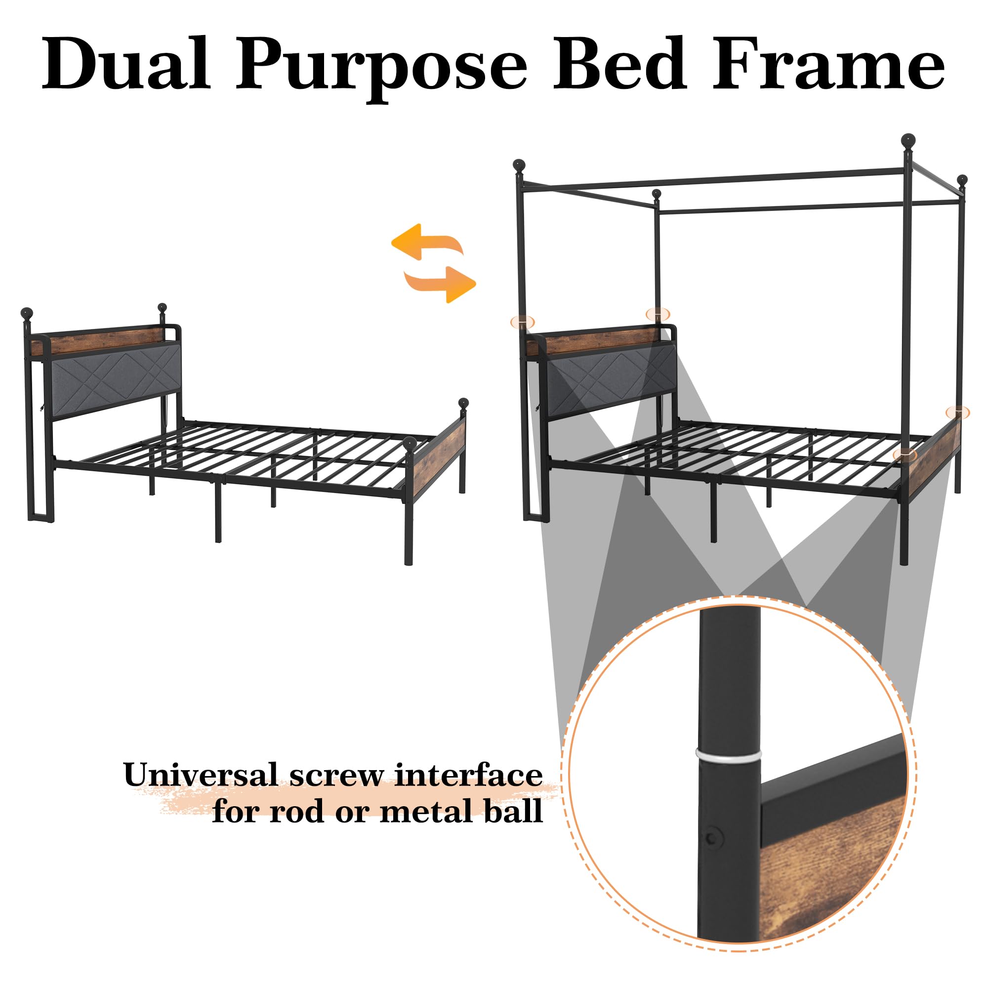 Bigbiglife Dual-Purpose Canopy Bed Frame, Bed Frame with Upholstered Headboard, Headboard with Storage Shelf and Charging Station, No Box Spring Needed, Queen Size