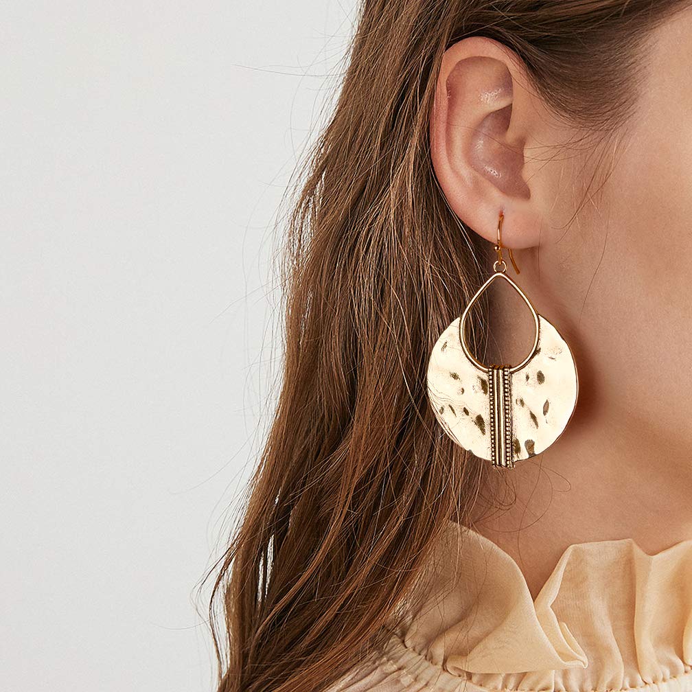 Boho Silver Ethnic Hammered Crescent Dangle Earrings for Women