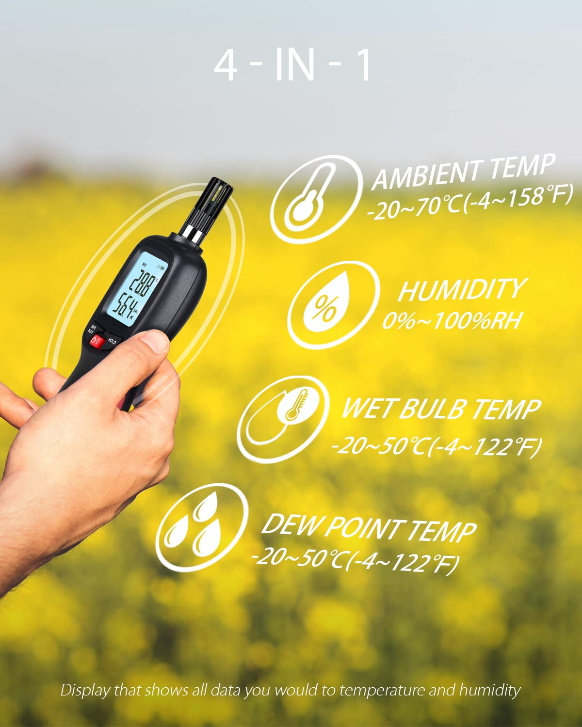Wintact Digital Temperature and Humidity Meter, Thermometer Hygrometer Monitor with Dew Point and Wet Bulb Temperature, Backlight, Max/Min Value, Data Hold, Store 1000 Group of Data for Indoor Outdoor