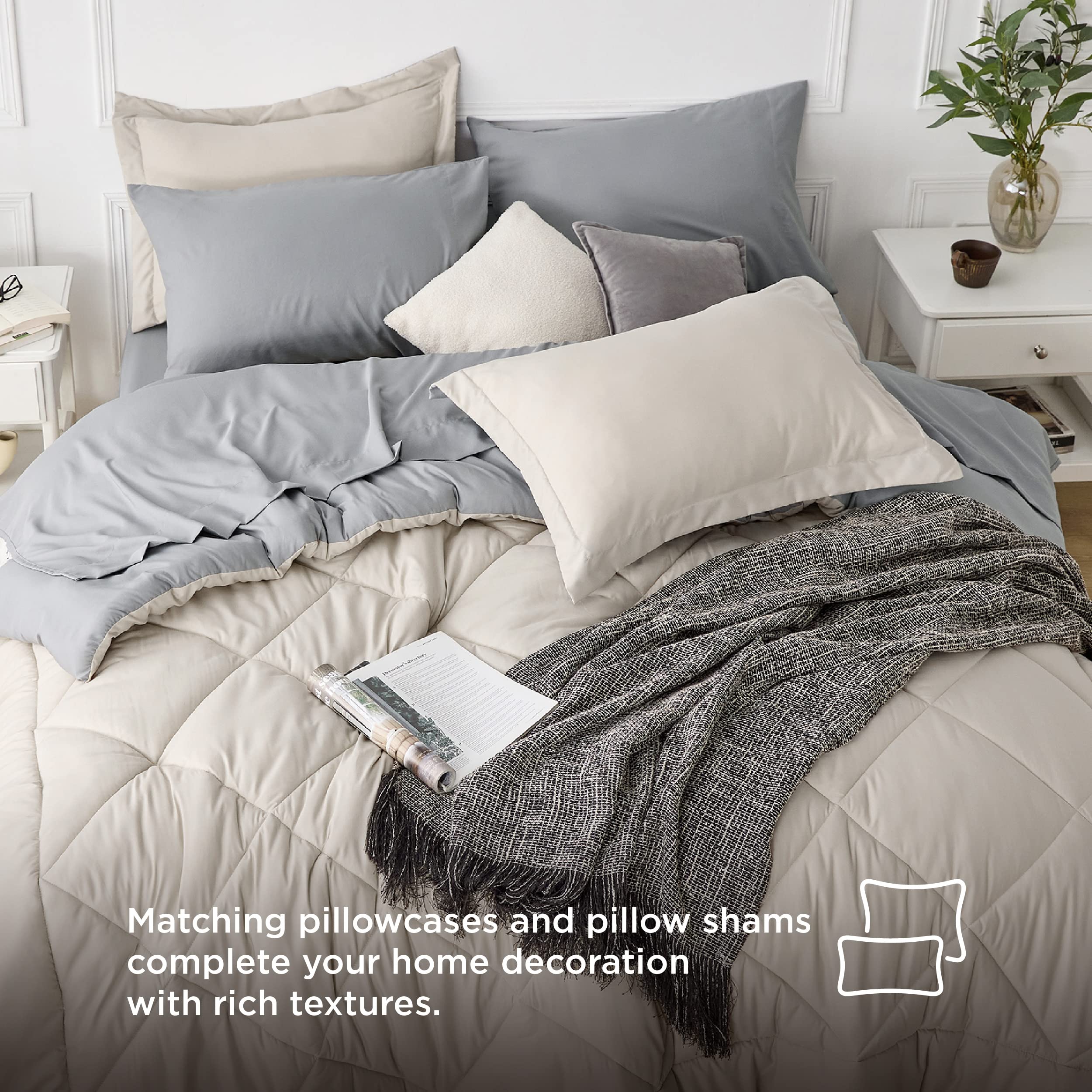Bedsure Beige Comforter Set - 7 Pieces Reversible Bed in a Bag with Comforters, Sheets, Pillowcases & Shams, Bedding Sets
