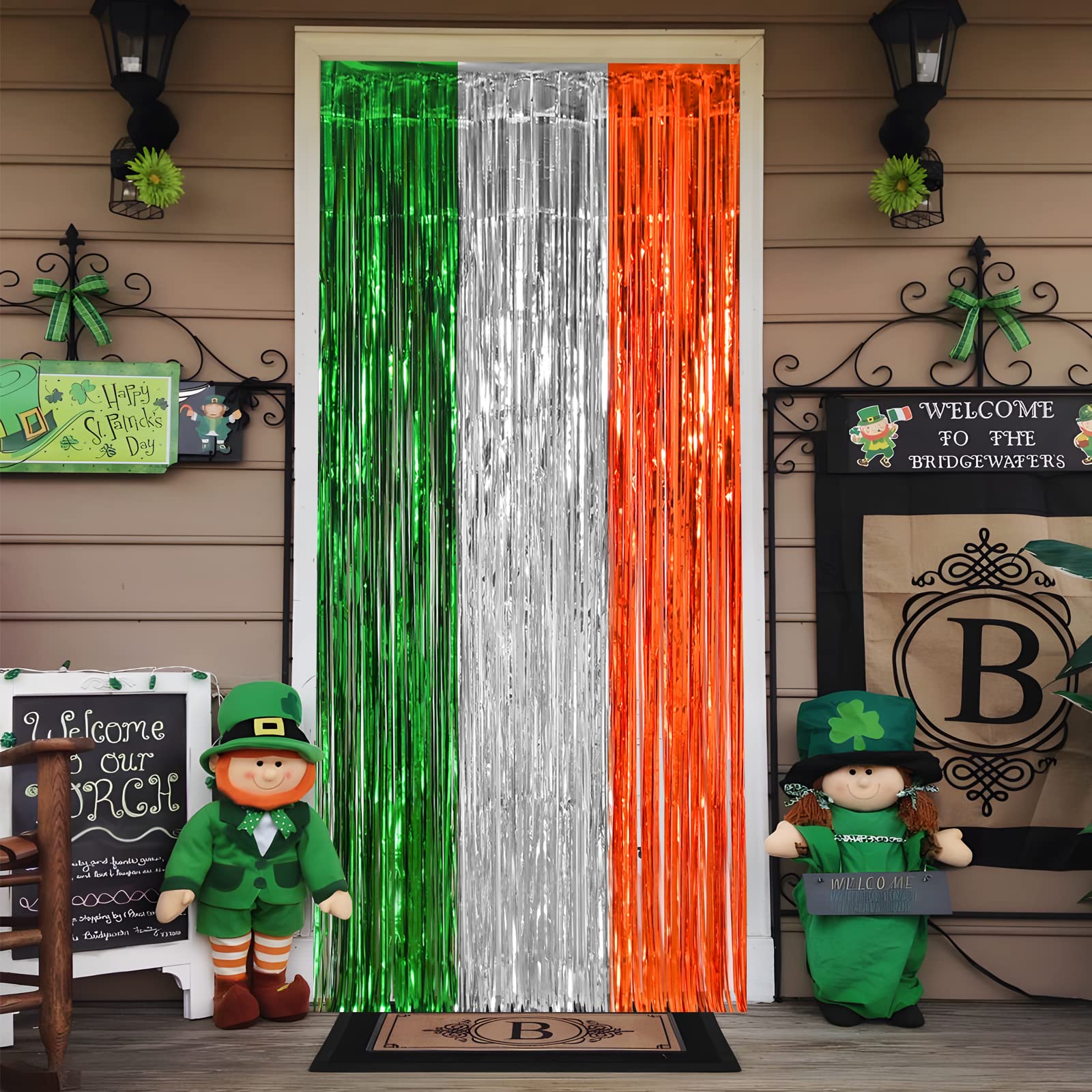 LOLStar 3 Pack St. Patrick's Day Foil Fringe Curtains St Patricks Day Party Decoration 3.3x6.6 ft Green White Orange Tinsel Fringe Curtain Photo Booth Prop Streamer Backdrop for Irish Party Decoration