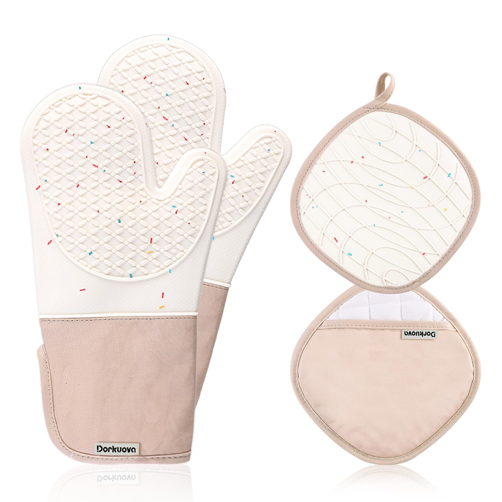 Dorkuova Oven Glove Cute,Cooking Mittens,Oven Mittens for Kitchen,Oven Gloves for Kitchen,Non-Slip Grip,Washable Silicone Oven Mitts Heat Resistant 500°F, Cooking Baking(Cream
