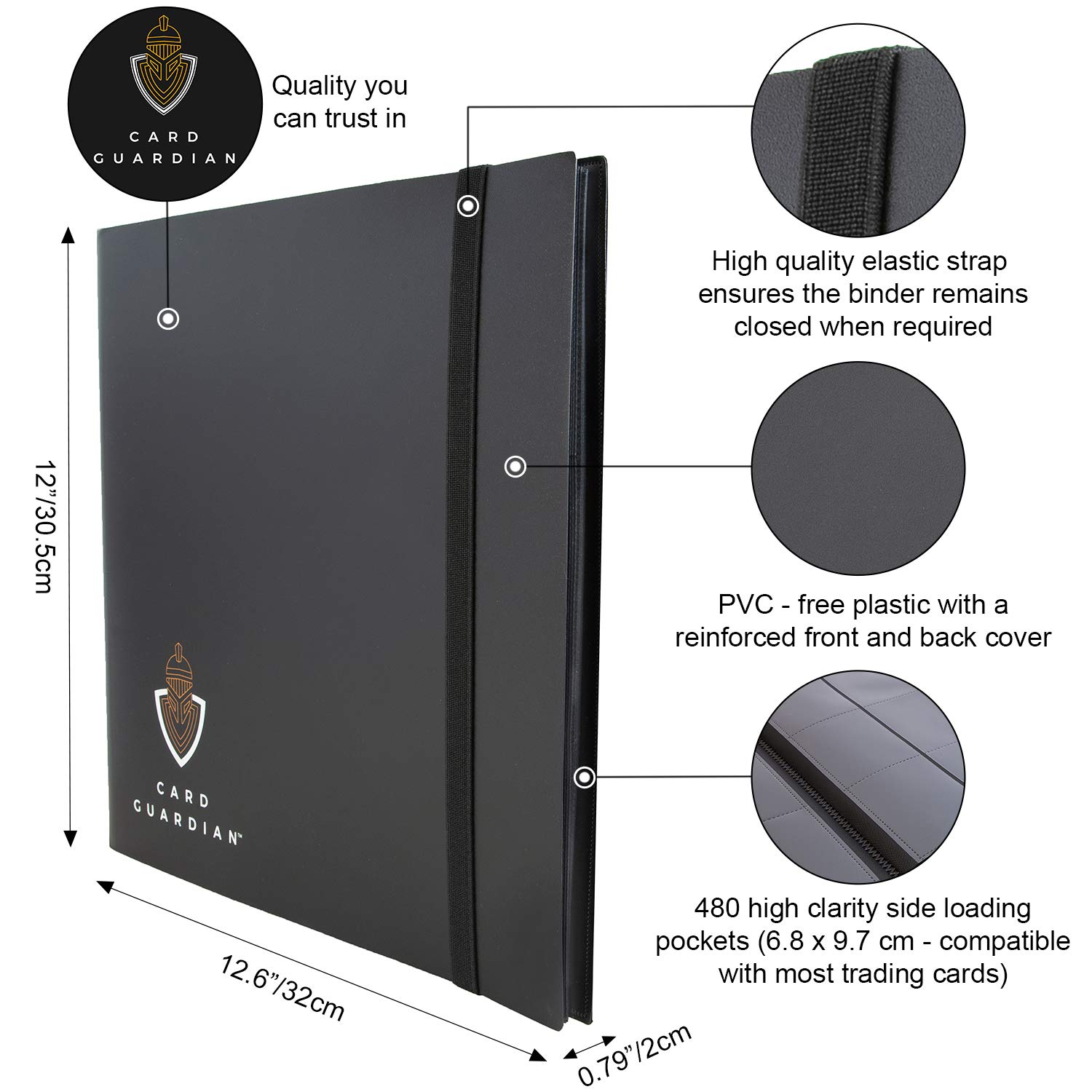 Card Guardian - 12 Pocket Black Trading Card Album 480 Side Loading Pocket Binder for Trading Card Games TCG