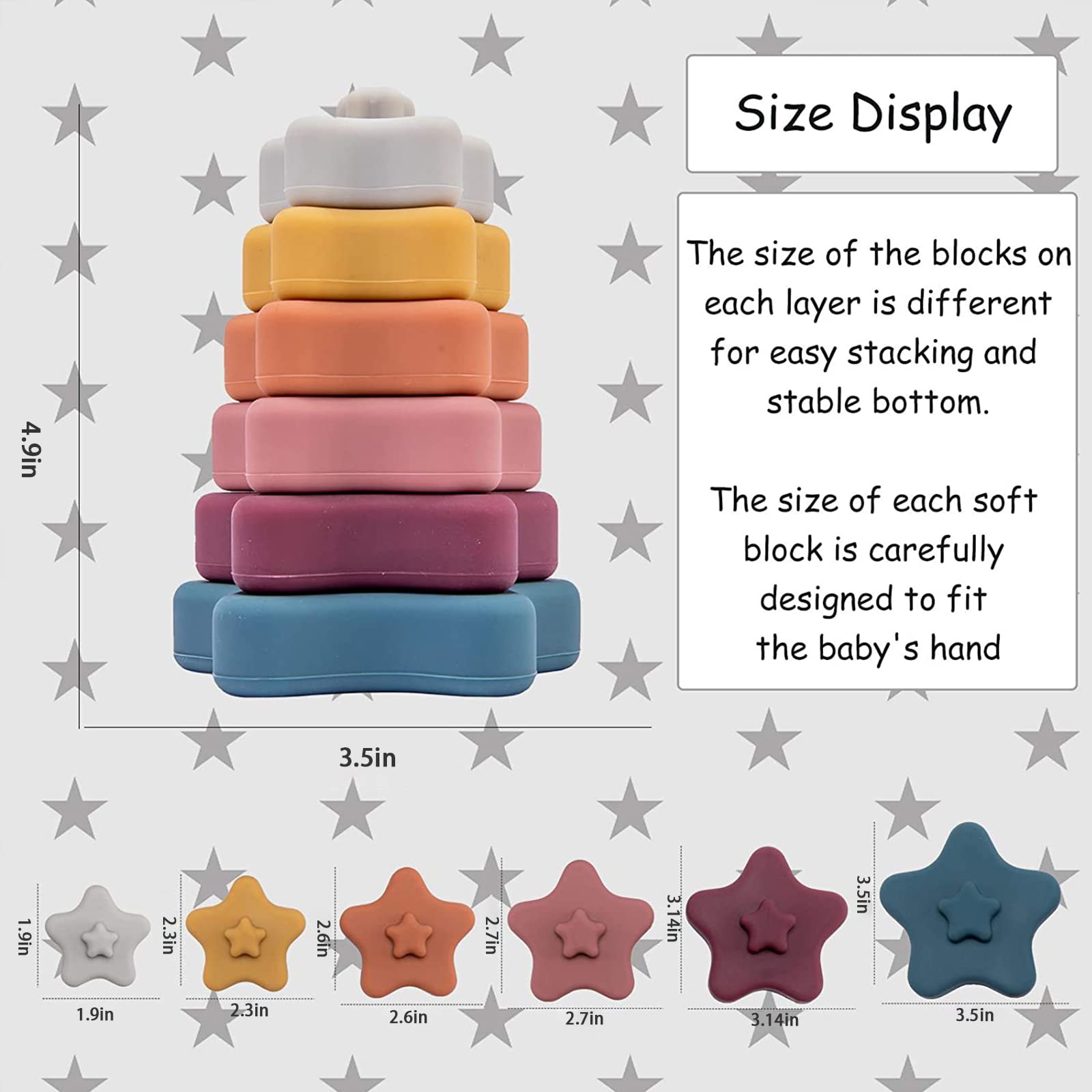 Promise Babe Stacking Toys,Silicone Stacking Rings Teething Toy with Star Shape,Soft Building Blocks,Montessori Early Educational Toy for 6 Month+ Boys & Girls(6Pcs)