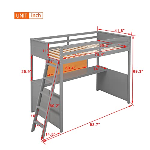 Lifeand Twin Size Loft Bed with Desk and Writing Board, Wooden Loft Bed with Desk,Gray