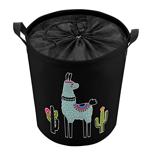 Cute Llama with Cactus Laundry Basket Round Collapsible Storage Bin with Drawstring and Handle for Bedroom Bathroom Toys Room 17.3" X 13.8"