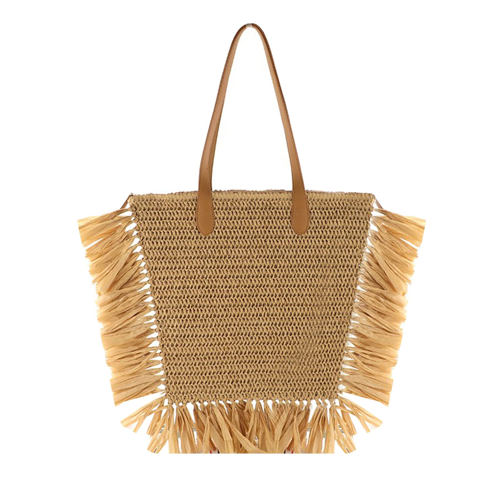 Women Large Fringe Straw Woven Shoulder Bag Summer Beach Top-Handle Bag Travel Tote