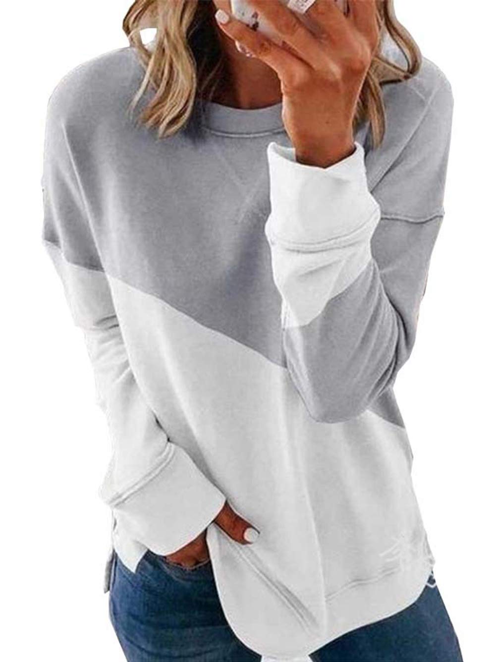 Bunanphy Womens Pullover Crew Neck Color Block Long Sleeve Side Split Casual Sweatshirt Tops Shirts Grey#C Medium