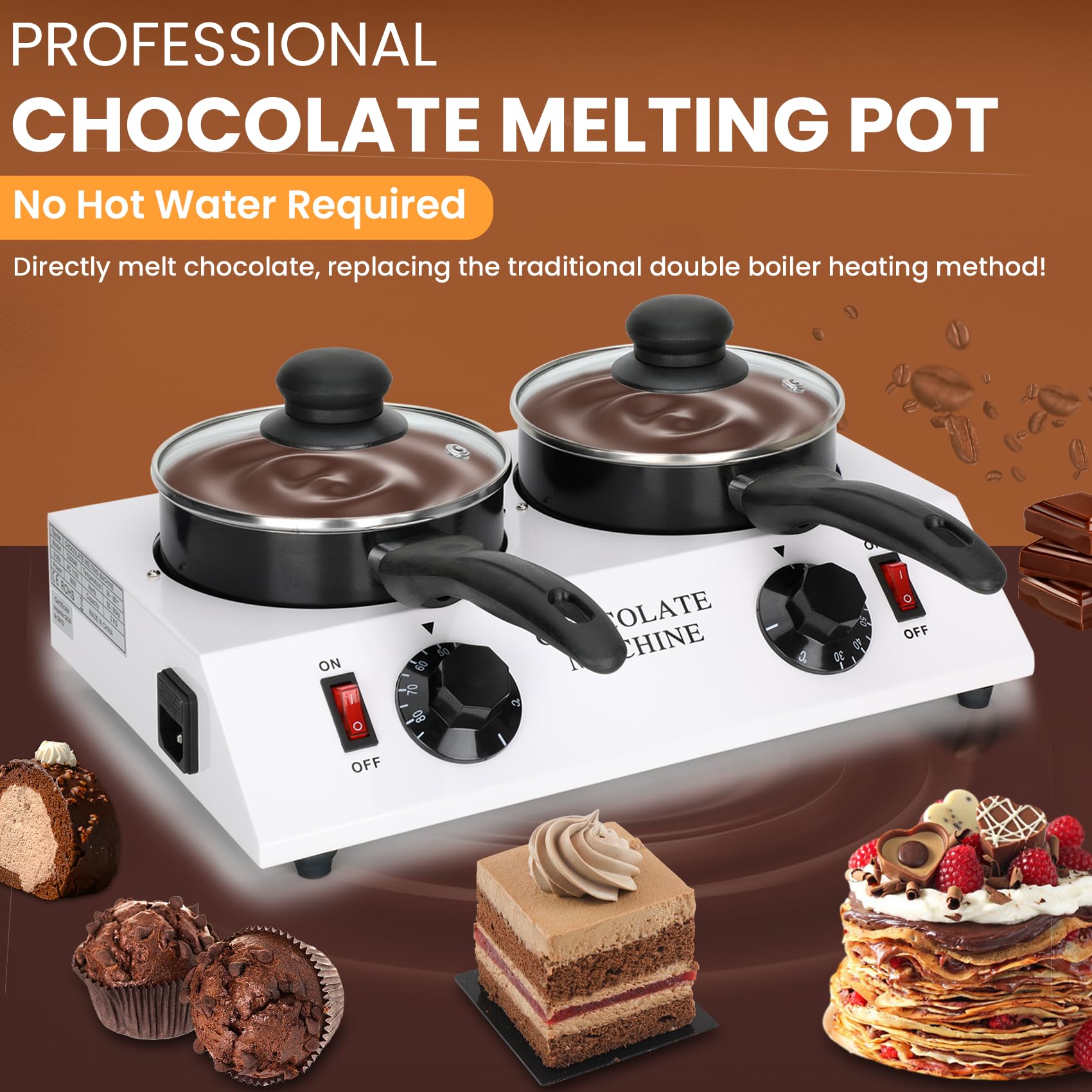 Dual Chocolate Melting Pots with Independent Temperature Controls Chocolate Tempering Machine with Removable Pots for Fast, Precise Melting and Heating of Chocolate, Candy, Butter, Cheese