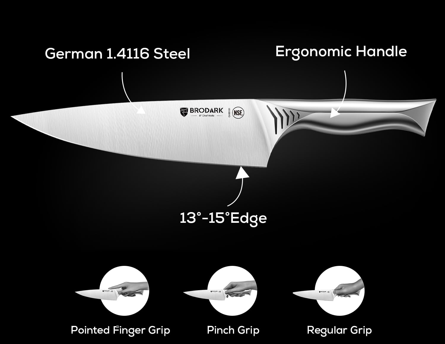 BRODARK Kitchen Knife Set with Block, 15-Piece Knife Block Set with Built-in Sharpener, Dishwasher Safe Knives Set for Kitchen, NSF Certified Stainless Steel Kitchen Knives, Shark Series