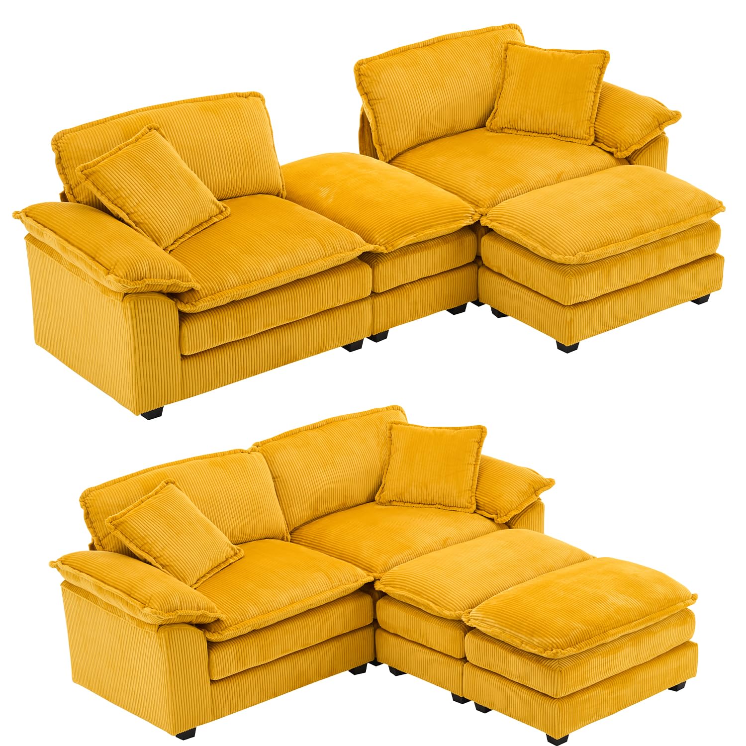 Corduroy Sectional Couch, 84β Width Oversize Loveseat Sofa, Comfy Plush Cloud Couch Lounge Chair with Ottomans and 2 Pillows for Small Spaces, Living Room, Bedroom, Office Easy to Install (Yellow)