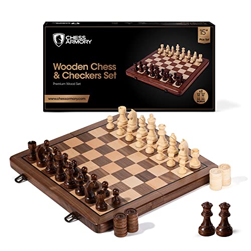 Chess Armory Premium Checkers and Chess Set - Wooden Board Game with a Portable Wood Case and Secure Storage for Pieces, Set for Kids and Adults (Walnut Wood)