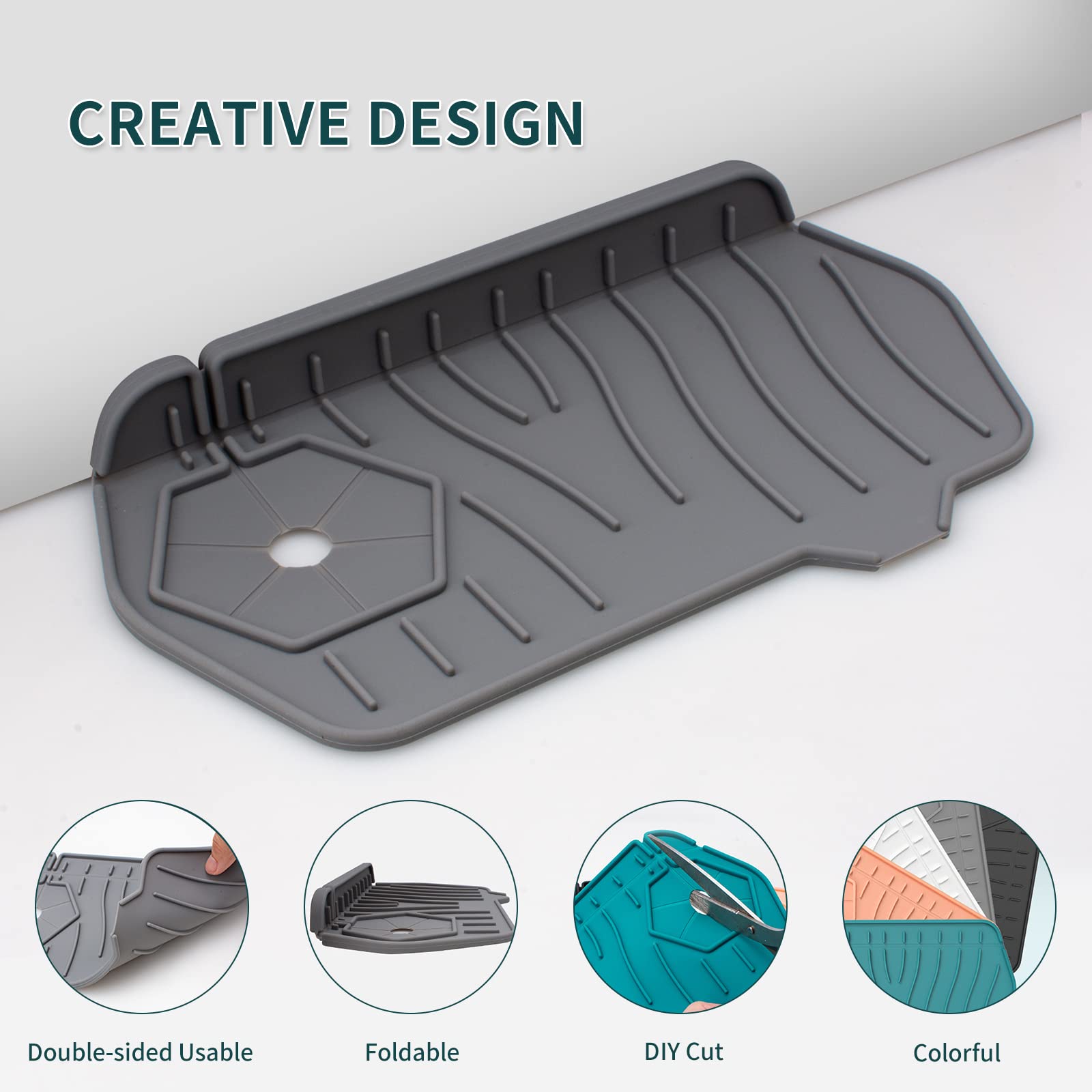 BYTELIVE 2-Pack Silicone Sink Splash Guard, Mini Size 9.6" x 6", Double-sided Design Self Drainin Sink Mat for Kitchen, Bathroom, Sink Sponge Holder (2-Pack Gray)