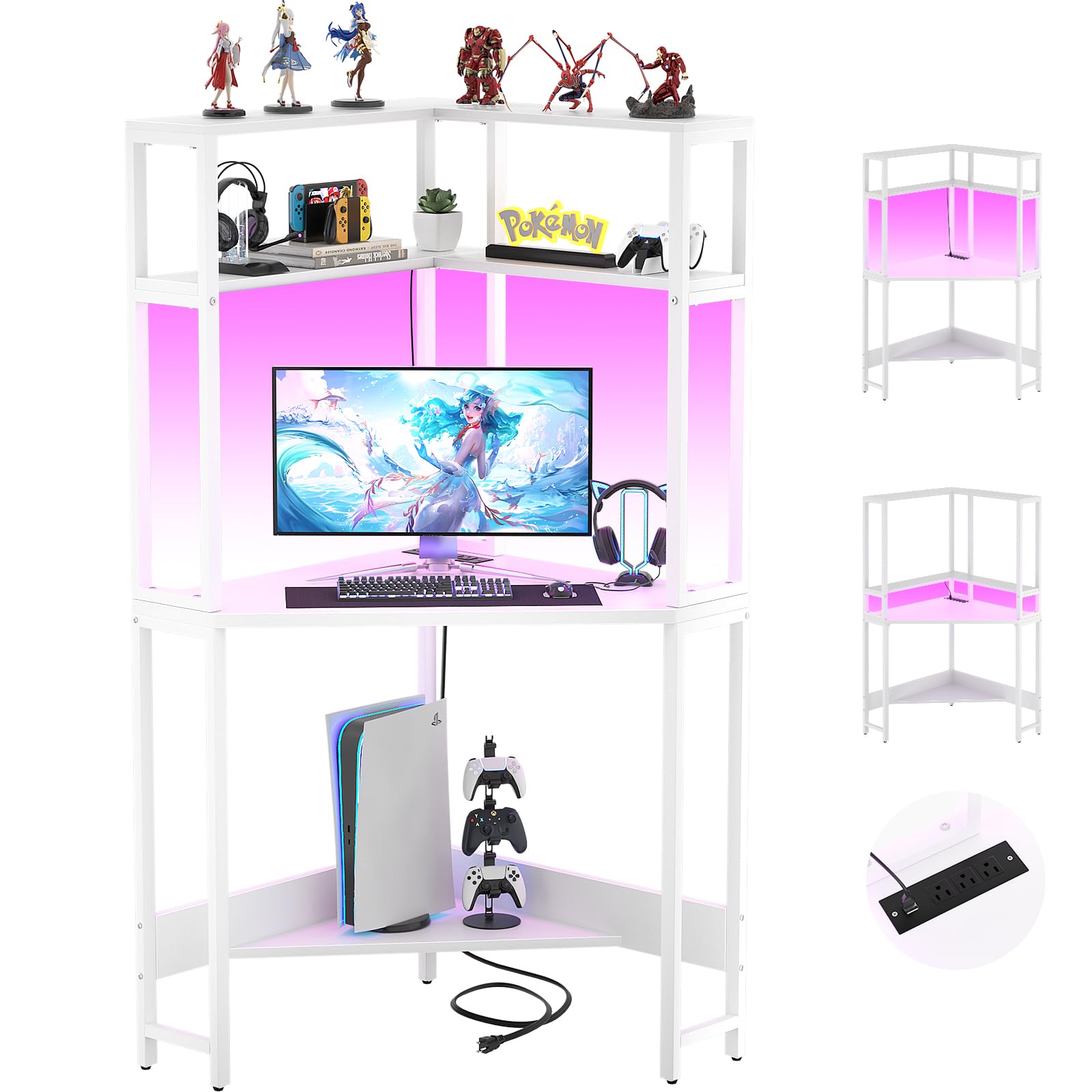 Cyclysio Mini Corner Desk with Hutch, Corner Gaming Desk with LED Light, Corner Computer Desk with Power Outlets, Triangle Corner Desk for Small Space, Home Office, Workstation, White