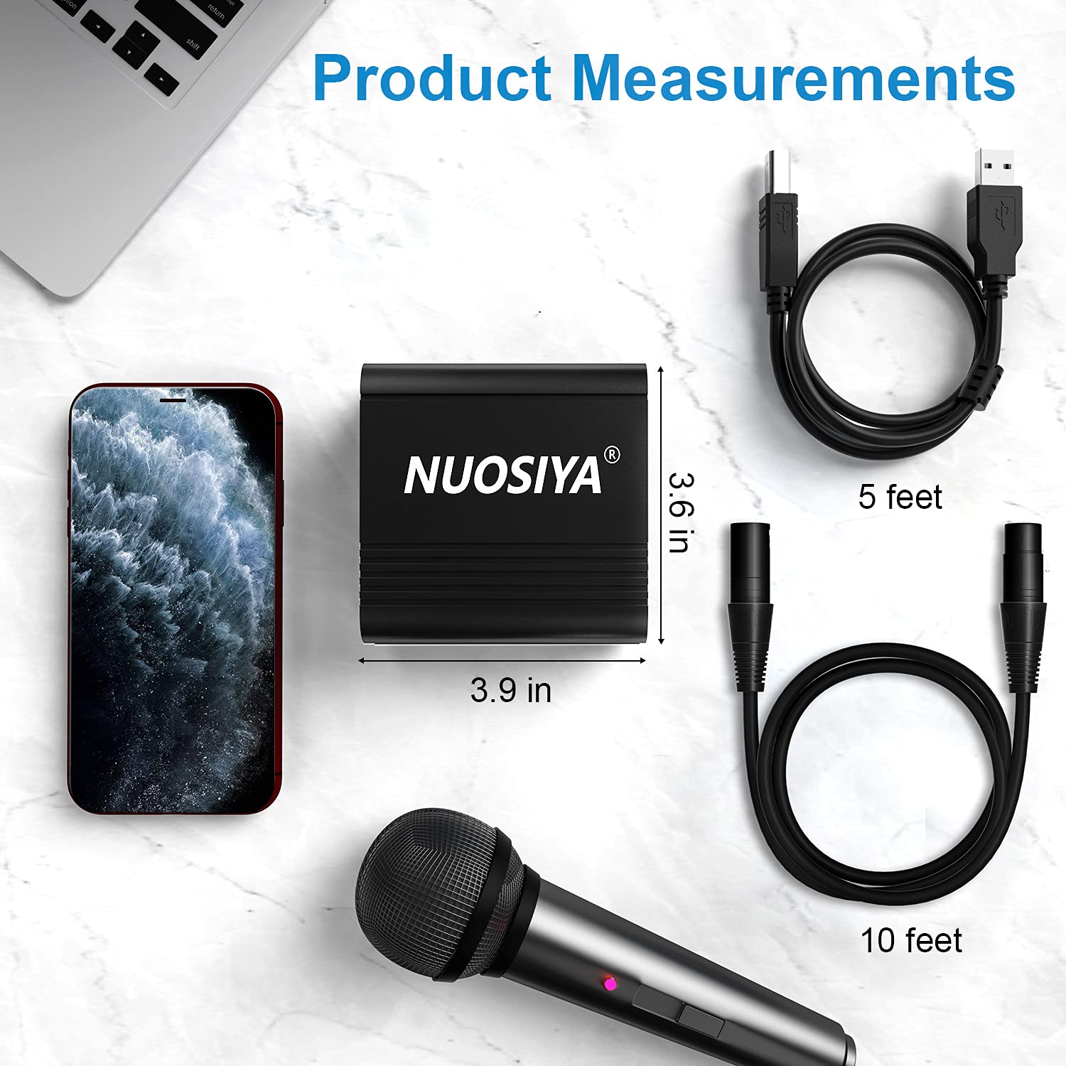 NUOSIYA Phantom Power 48V, 1-Channel Phantom Power Supply for Condenser Microphone with 10Ft XLR Female to Male Mic Cable,Dual Charging Ports, Metal Box, Black