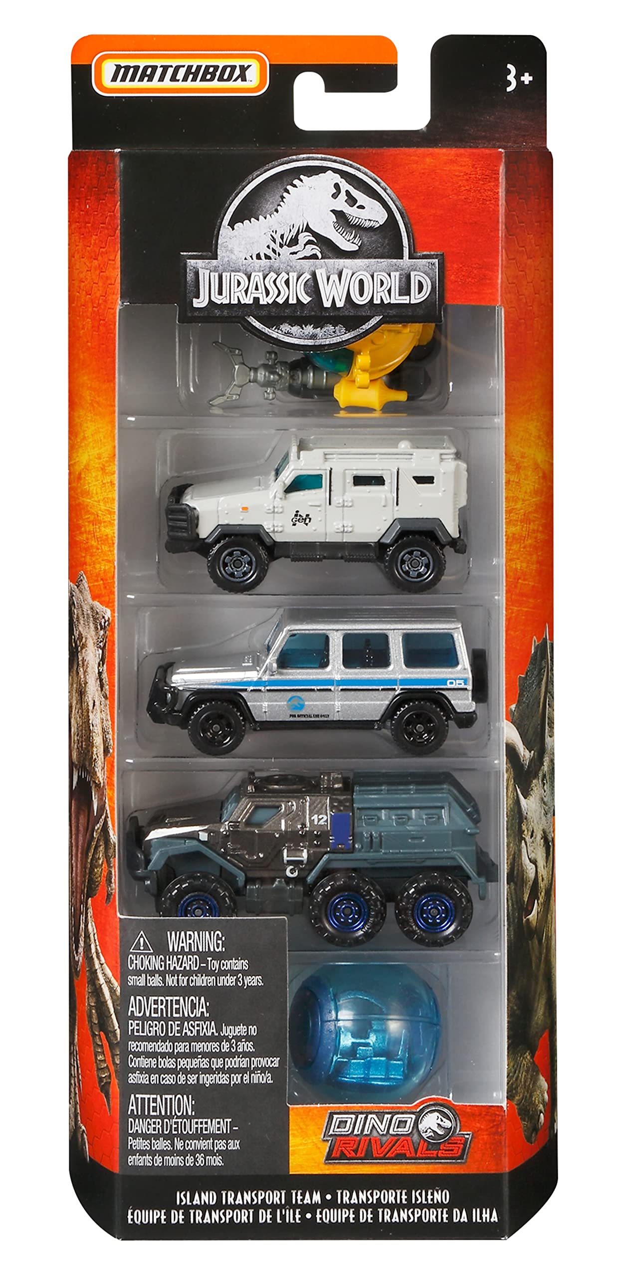 Matchbox Jurassic World 1:64 Die-cast Vehicle & Dinosaur 5-Packs, 5 Cars & 1 Mini Figure, Toy Set & Collectible