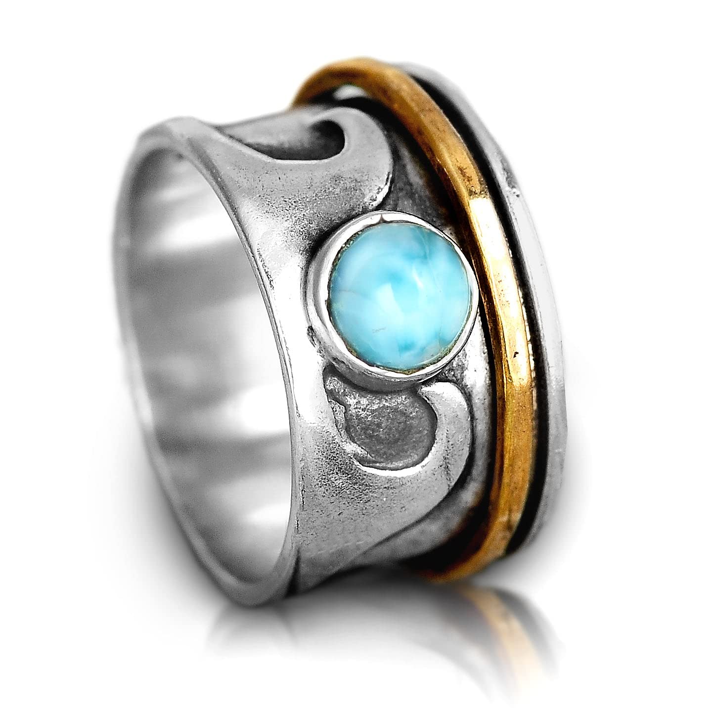 Boho-Magic 925 Sterling Silver Spinner Larimar Wave Ring for Women with Brass Fidget Ring Band (11)