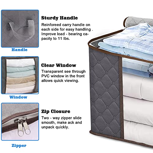 Fixwal 6 Pack Clothes Storage Organizers Foldable Clothing Storage Bags with Reinforced Handles Sturdy Zippers Storage Containers for Organizing Blanket Bedroom Closet Dorm Sweater, 60L, Gray