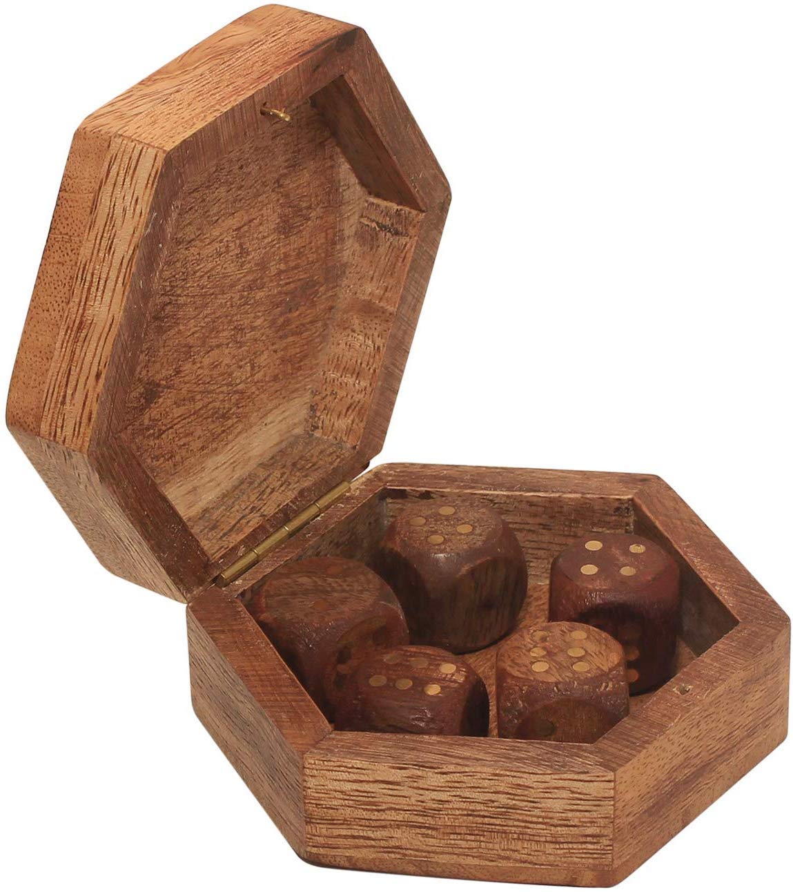 Krazy Craft Wood Dice Box With 5 Wooden Dices - Handmade Dice Game Brass Inlay Dices For Tabletop Countertop Standing Display Dice Box Board Games Accessories For Kids Adults Teens