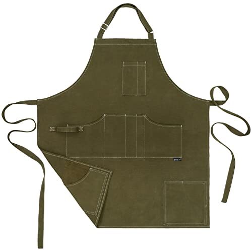 opux Chef Apron for Men, Kitchen Apron with Pockets for Women, Large Unisex Canvas Apron for Cooking Grilling BBQ Baking, Heavy Duty Apron for Work, Olive Green