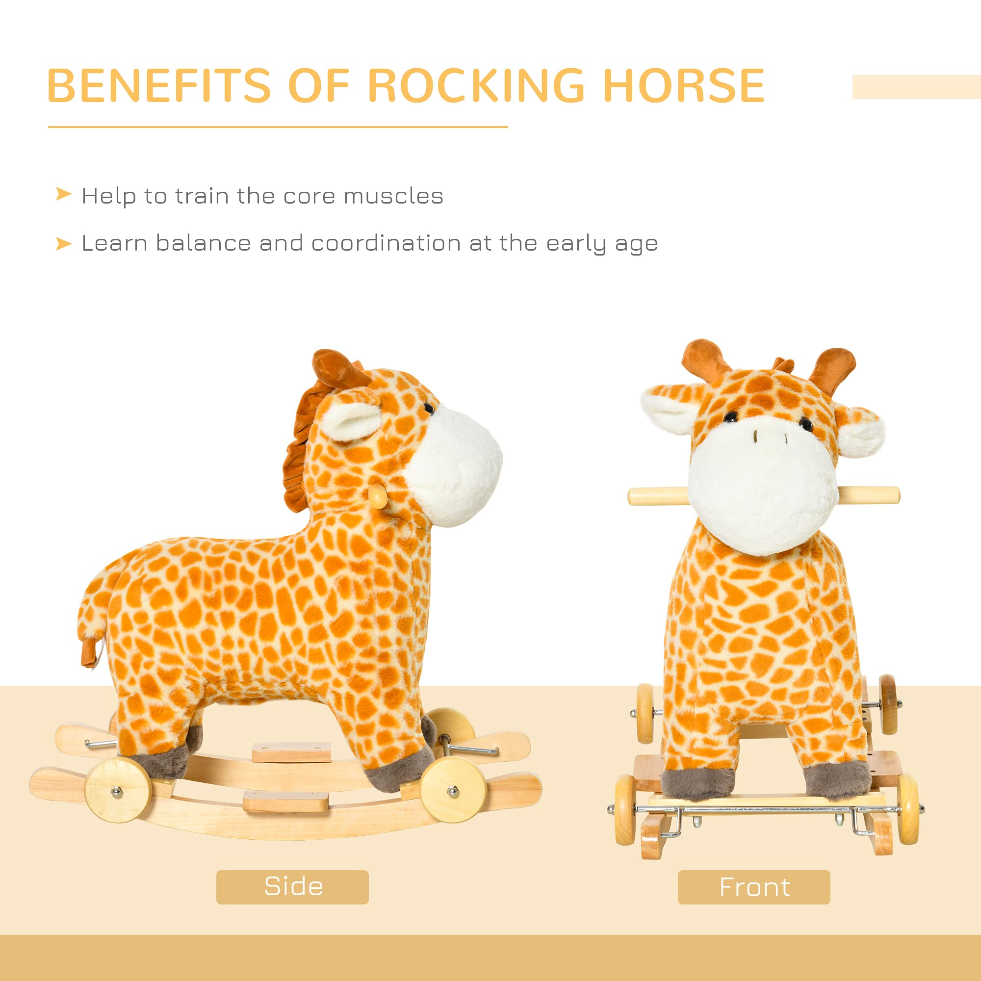 Qaba 2-in-1 Kids Plush Ride-On Rocking Horse Toy, Giraffe-Shaped Plush Rocker with Realistic Sounds for Children 3 to 6 Years, Yellow