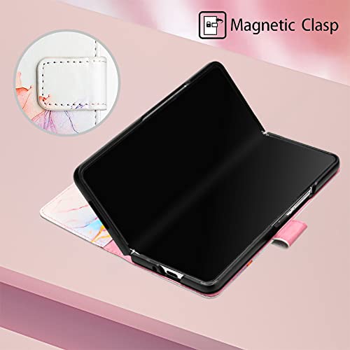 ONV Wallet Case for Samsung Galaxy Z Fold 3 5G- Premium Marble Painted Leather Flip Case Stand Card Slot Magnet with Silicone Shell Flip Cover for Samsung Galaxy Z Fold 3 5G[Marble] -White
