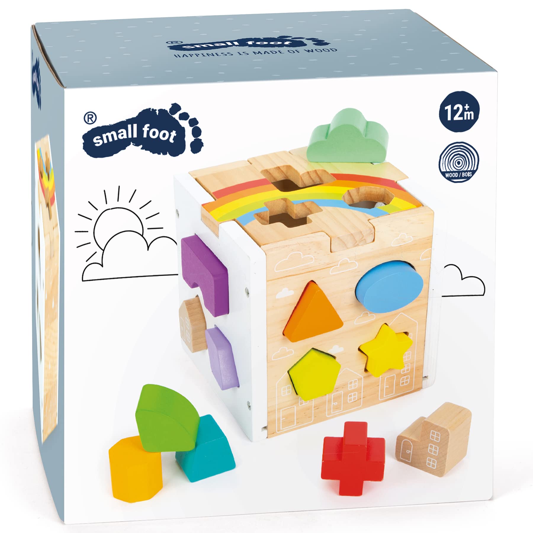 Wooden Rainbow Shape Sorter Cube – Sorting Toy with 13 Geometric Shapes & Removable Lid – Educational Game for Dexterity & Fine Motor Skills – Teaches Counting, Shapes and Colors – Ages 12+ Months