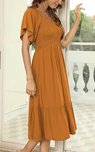 Kranda Women Short Flutter Sleeve V Neck Smocked Solid Pleat Midi Dress Pumkin Spice M